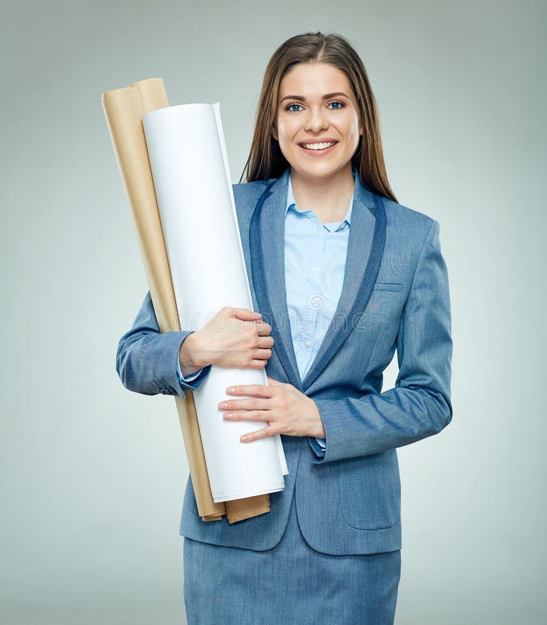 Smiling Woman Architect Holding Paper Plan. Stock Photo - Image of ... Smiling Woman Architect Holding Paper Plan. Stock Photo - Image of ...