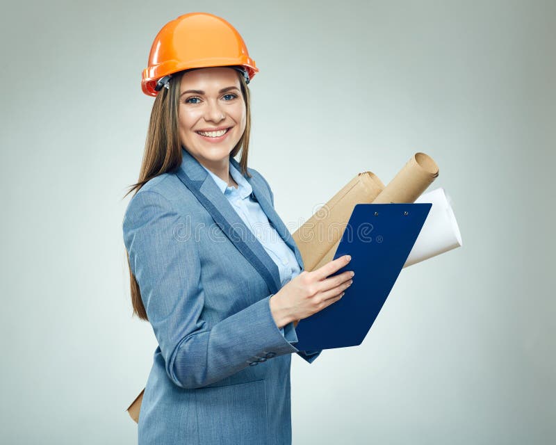 Smiling Woman Architect Holding Paper Plans and Clipboard. Stock Photo ... Smiling Woman Architect Holding Paper Plans and Clipboard. Stock Photo ...