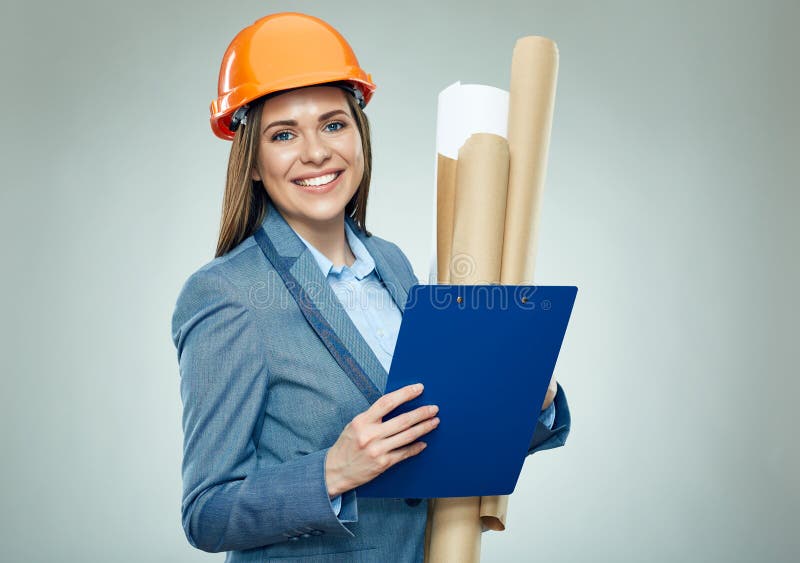 Smiling Woman Architect Holding Paper Plans and Clipboard. Stock Image ... Smiling Woman Architect Holding Paper Plans and Clipboard. Stock Image ...