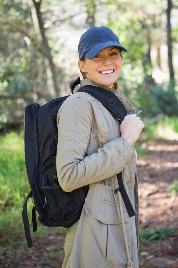 Smiling Woman with Backpack Stock Image - Image of pathway, cheerful ...