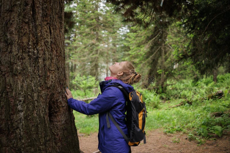 Smiling Woman by the Big Cedar Tree Stock Photo - Image of girl ...