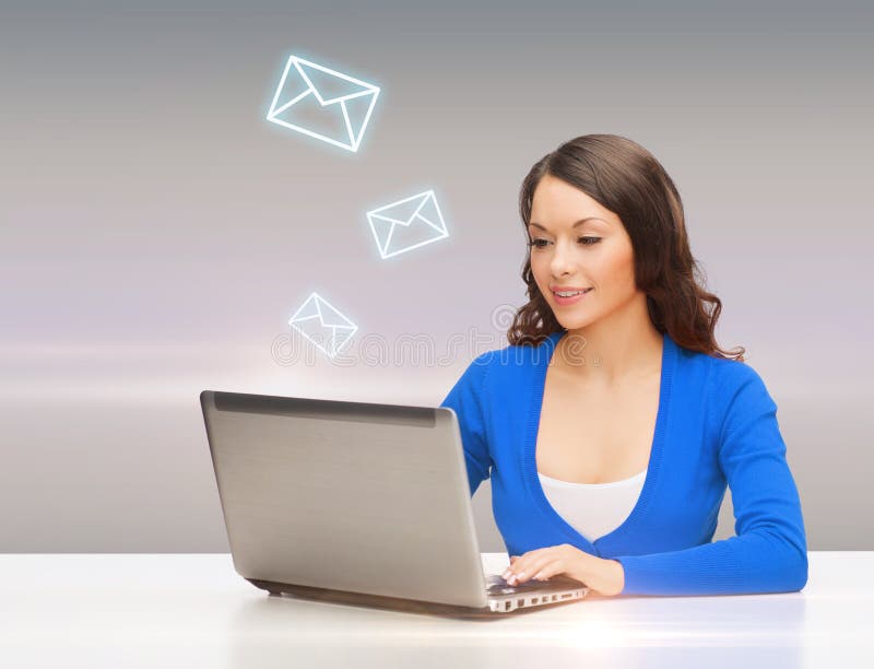 Smiling Woman in Blue Clothes with Laptop Computer Stock Photo - Image ...