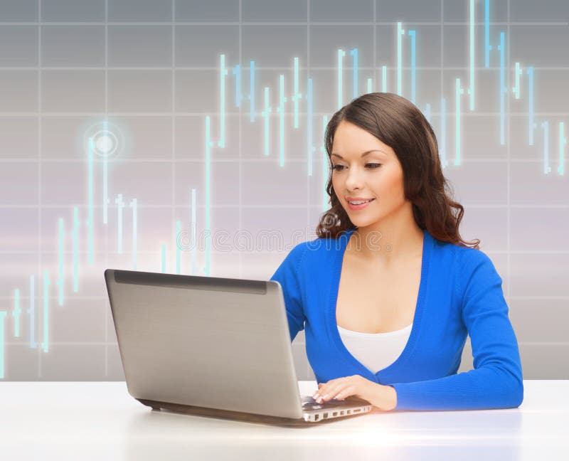 Smiling Woman in Blue Clothes with Laptop Computer Stock Photo - Image ...