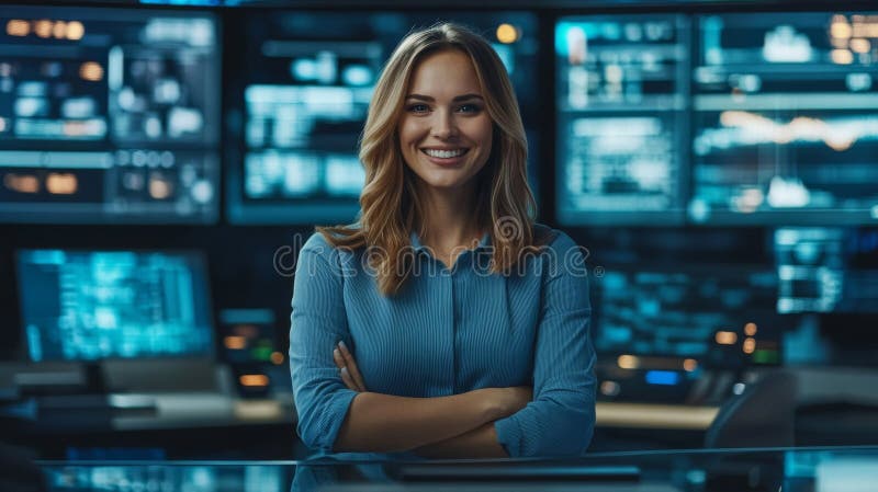 Smiling Woman in Blue Shirt in a High Tech Control Room with Monitors ...