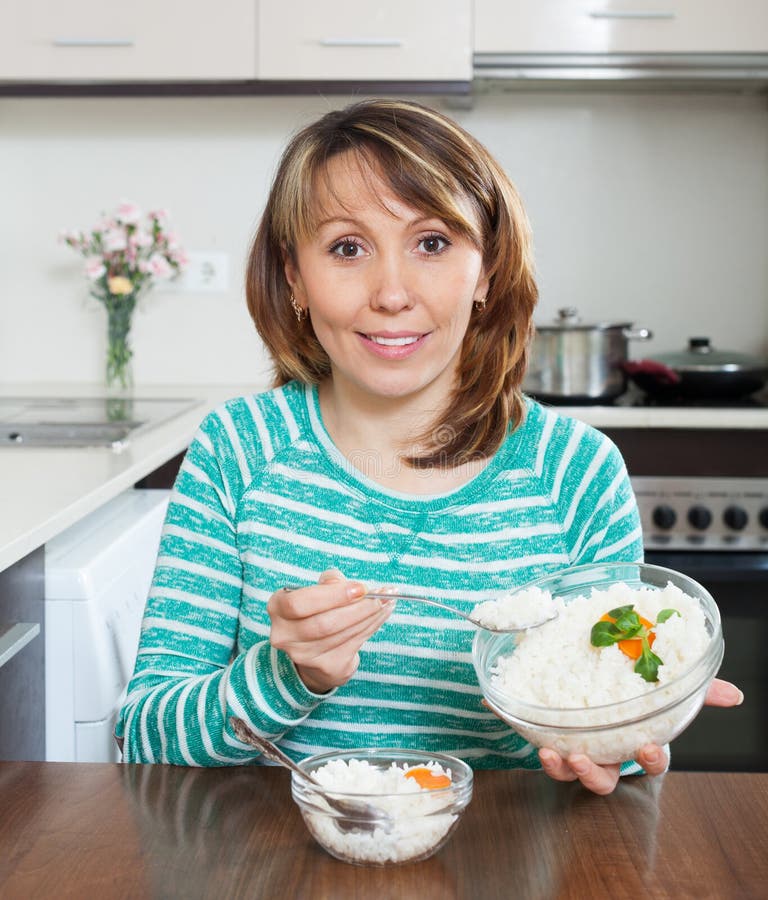 Smiling Woman with Boiled Rice Stock Image - Image of people ...