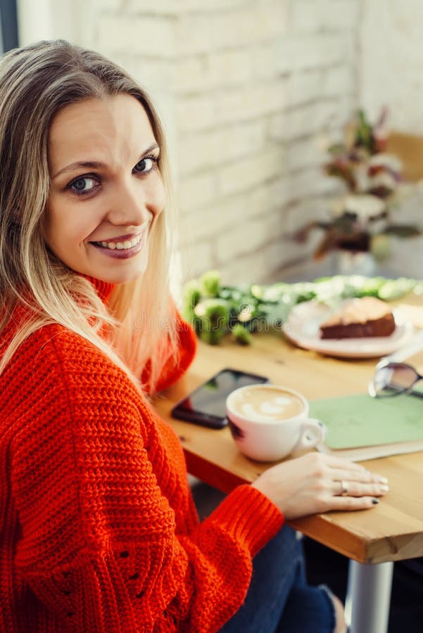 Smiling Woman in Cafe with Coffee Stock Photo - Image of latte, order ...