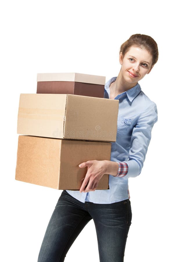 Smiling Woman Carrying Two Big Boxes Stock Image - Image of carry ...