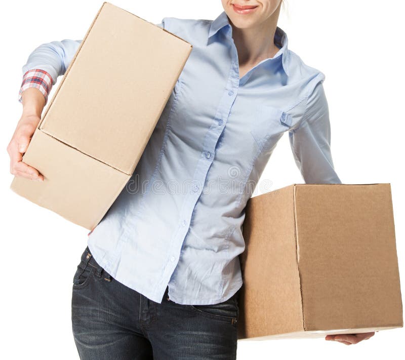 Smiling Woman Carrying Two Big Boxes Stock Image - Image of carry ...