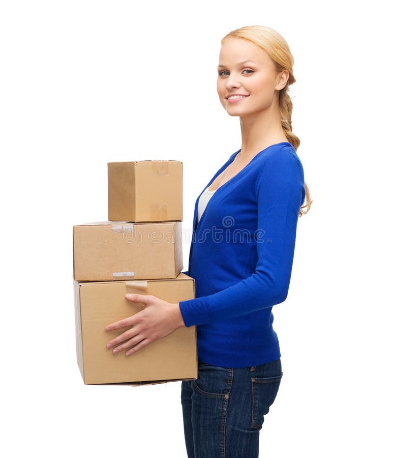 Smiling Woman in Casual Clothes with Parcel Boxes Stock Photo - Image ...