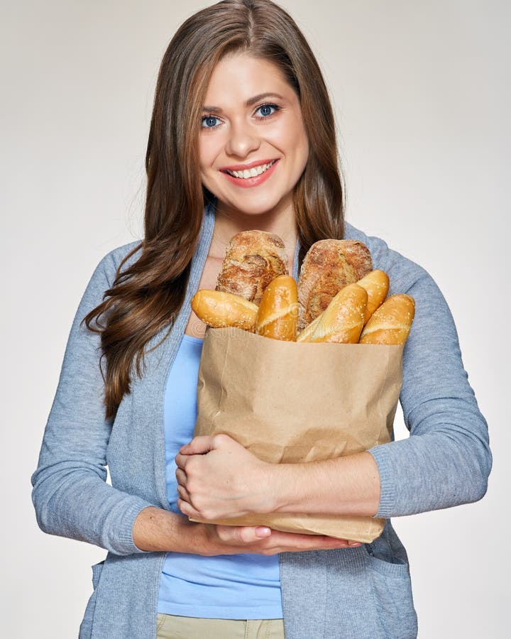 Smiling Woman Casual Style Dressed Holding Shopping Bag with Bread ... Smiling Woman Casual Style Dressed Holding Shopping Bag with Bread ...