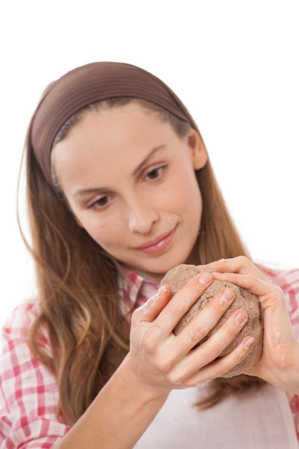 Smiling Woman Chef Holding Dough in the Hands Stock Photo - Image of ...