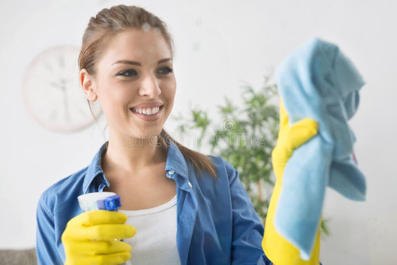 Smiling Woman Clean the Window Stock Photo - Image of female, lifestyle ...