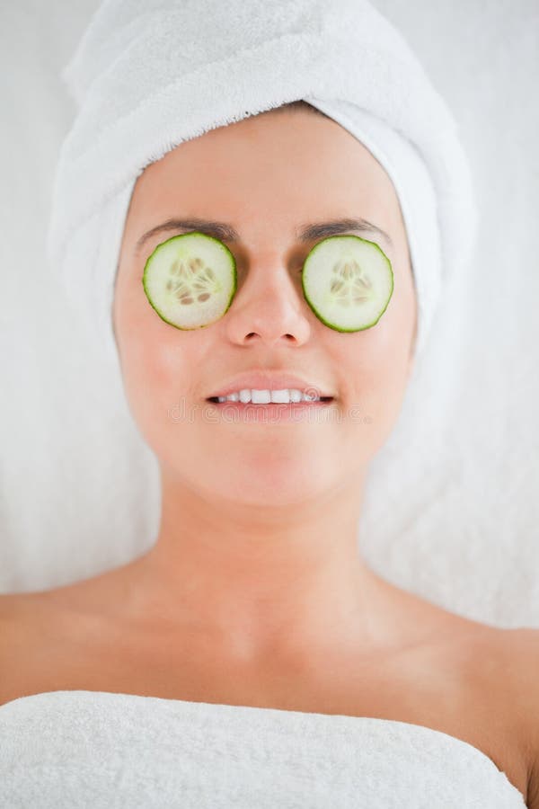 Beautiful Woman with Facial Mask of Cucumber Slices on Face Stock Photo ...