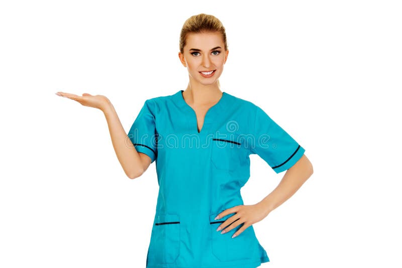 Smiling Woman Doctor or Nurse Pointing Something Stock Image - Image of ...
