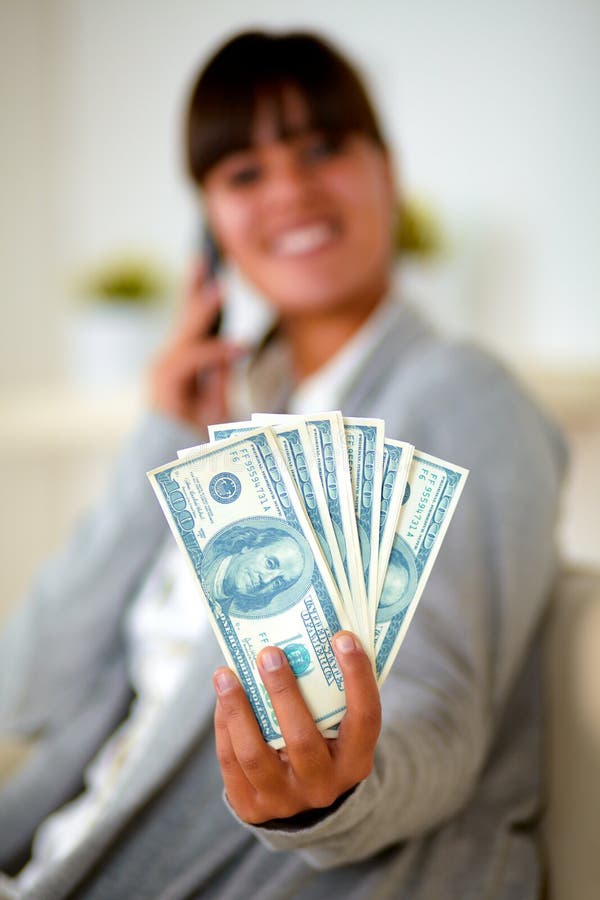 Smiling Woman with Dollars Talking on Mobile Phone Stock Photo - Image ...