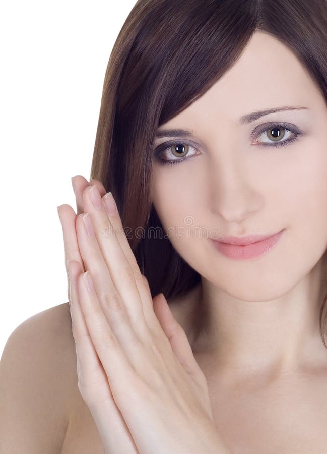 Smiling Woman Face with Hand at Cheek Stock Photo - Image of looking ...