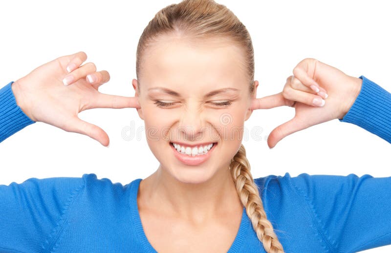 Smiling Woman with Fingers in Ears Stock Photo - Image of emotional ...