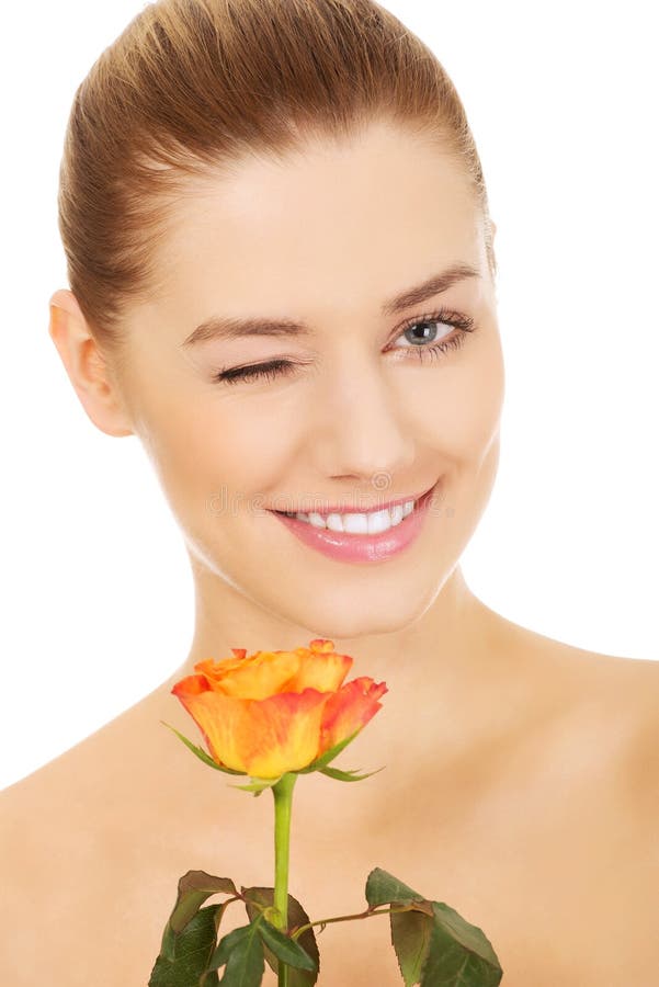Smiling Woman with Fresh Rose. Stock Image - Image of orange, rose ...
