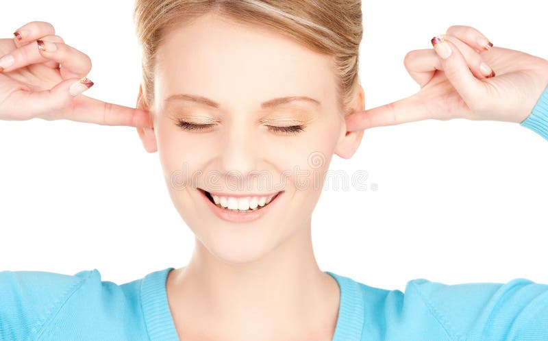 Smiling Woman with Hands Over Ears Stock Image - Image of blonde ...