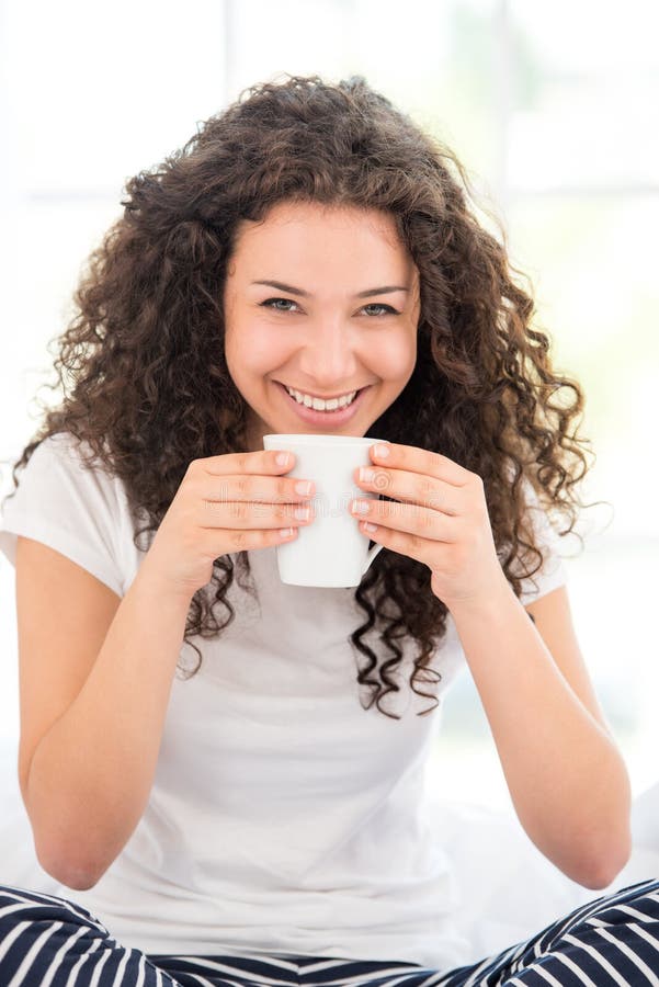 Smiling Woman Having Morning Coffee or Tea Stock Photo - Image of ...