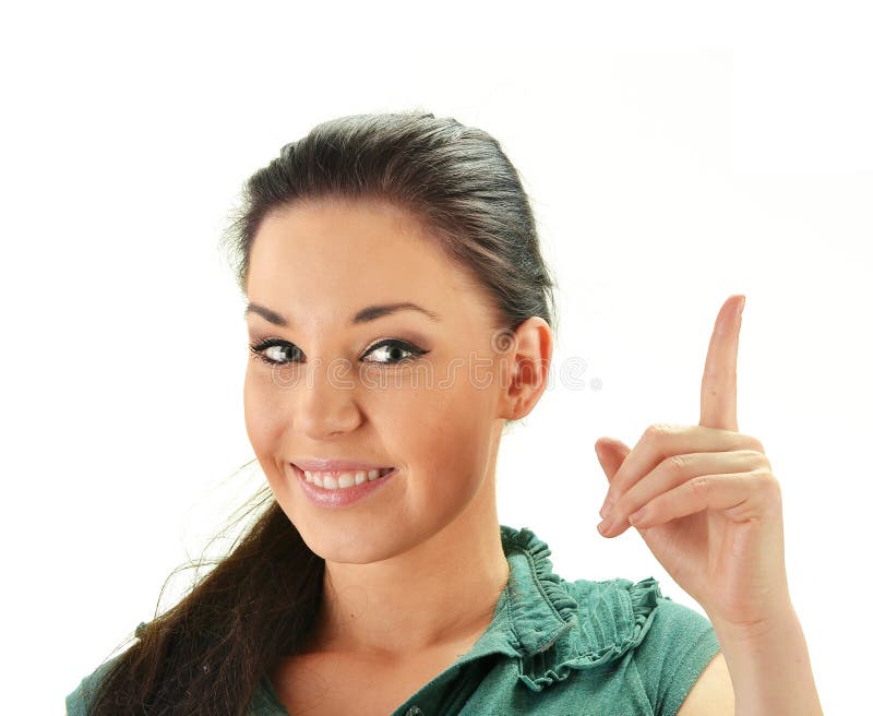 Smiling Woman with Her Finger Up Isolated on White Stock Photo - Image ...