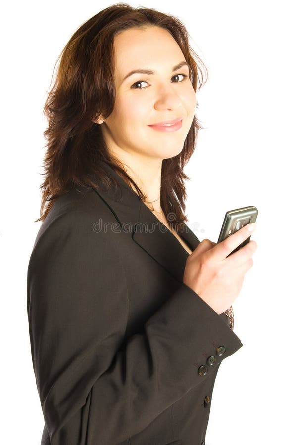 Smiling Woman Hold Mobile Phone Stock Image - Image of happy, person ...