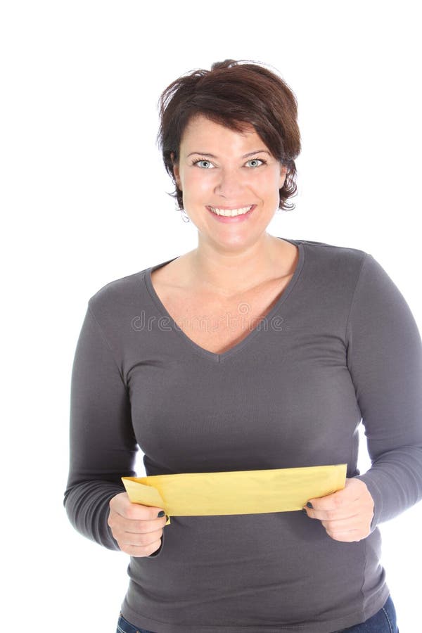 Smiling Woman Holding a Brown Envelope Stock Photo - Image of friendly ...