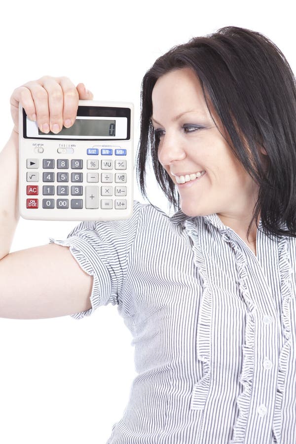 Smiling Woman Holding Calculator Over White Stock Photo - Image of ...