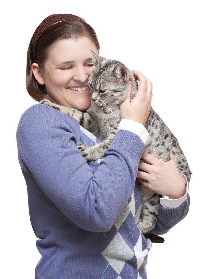 Smiling Woman Holding Happy Cat Stock Image - Image of love, person ...