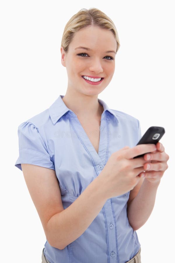 Smiling Woman Holding Her Cellphone Stock Image - Image of message ...