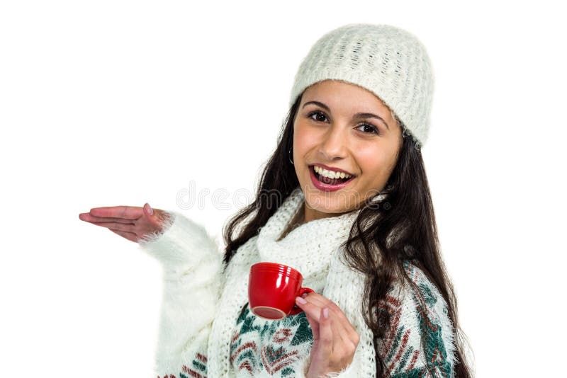 Smiling Woman Holding Little Red Cup Stock Image - Image of beverage ...