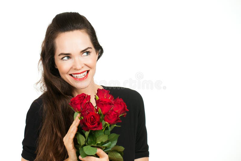 Smiling Woman Holding Roses Stock Photo - Image of beauty, copyspace ...