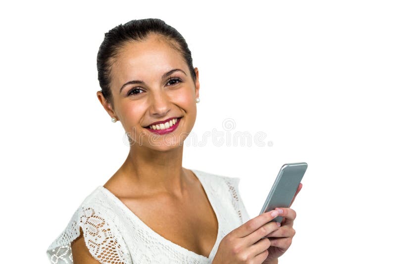 Smiling Woman Holding Smartphone and Looking at Camera Stock Image ...