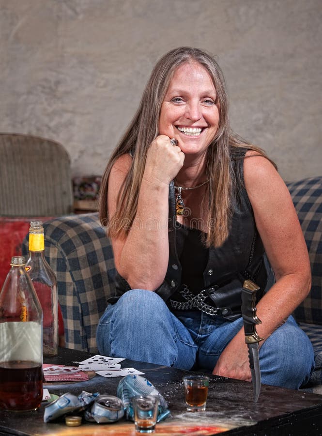 Smiling Woman with Knife Stuck in Table Stock Image - Image of indoors ...