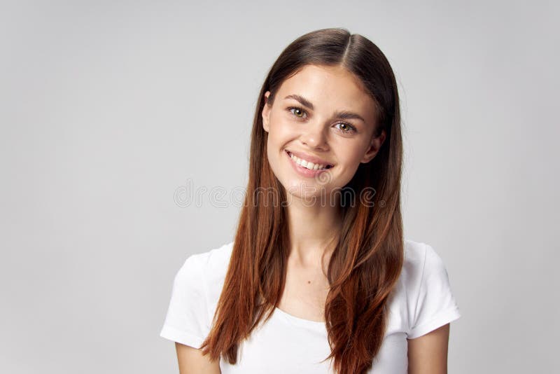 Smiling Woman with Long Hair in Front and Tilted Her Head To the Side ... Smiling Woman with Long Hair in Front and Tilted Her Head To the Side ...
