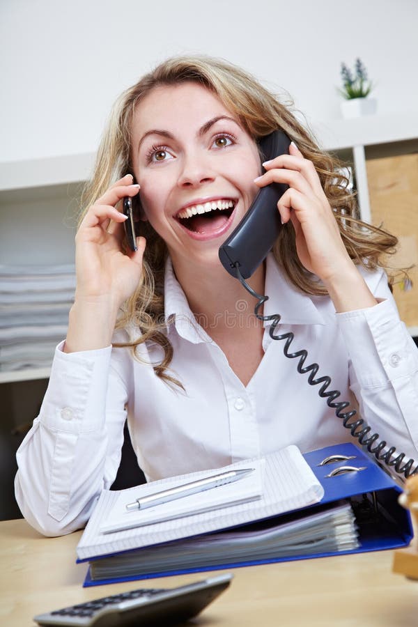 Smiling Woman Making Calls with Two Stock Image - Image of funny, place ...