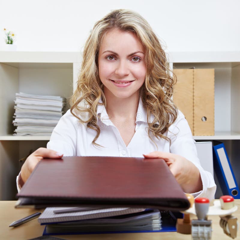 Smiling Woman Offering Application Stock Photo - Image of attractive ...