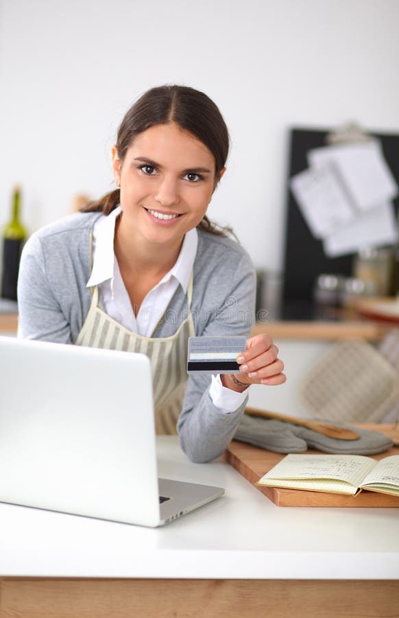 Smiling Woman Online Shopping Using Computer and Stock Image - Image of ...