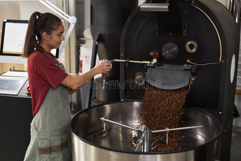 Smiling Woman Operating Coffee Roaster in Workshop Stock Photo - Image ...