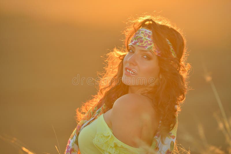 Smiling Woman Outdoor in Summer Sunset Light Stock Image - Image of ...