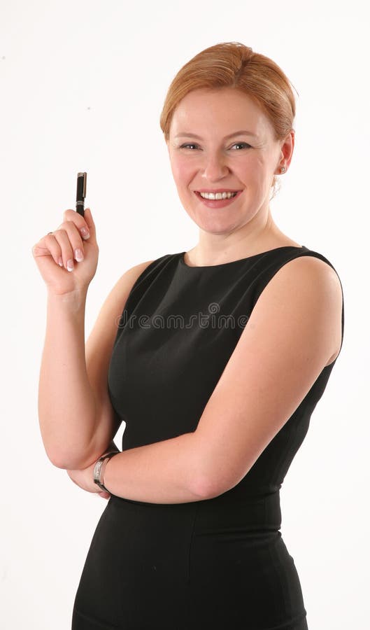 Closeup Portrait of a Young Woman with Pen Isolated on White Stock ...