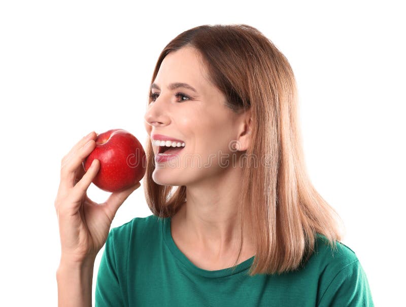Smiling Woman with Perfect Teeth and Red Apple Stock Image - Image of ...