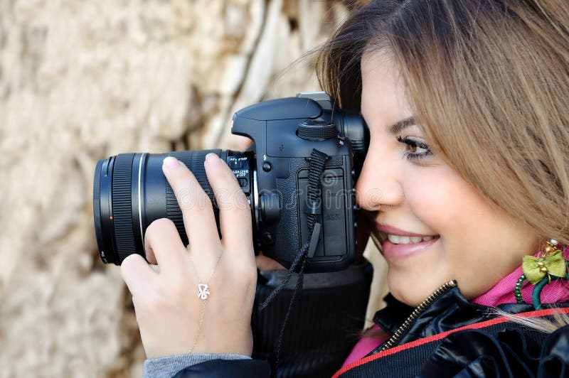 Photographer Woman Holding Camera Over Dark Stock Photo - Image of ...