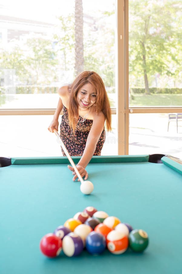 Smiling Woman Playing Pool. Stock Image - Image of smile, latin: 41726019