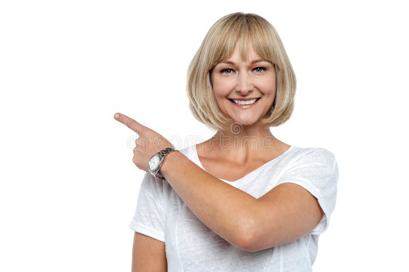 Smiling Woman Pointing Backwards Stock Photo - Image of happy ...