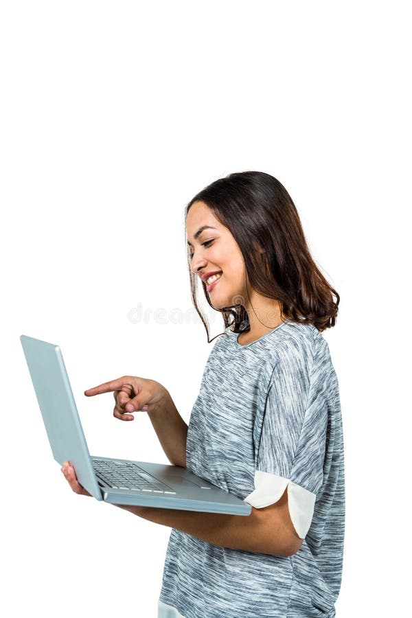 Smiling Woman Pointing at Laptop Stock Photo - Image of holding, joyful ...