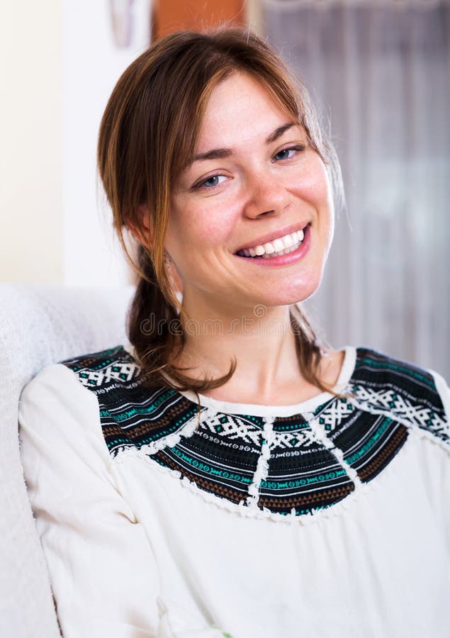 Smiling Woman Posing at Home Stock Image - Image of long, satisfied ...