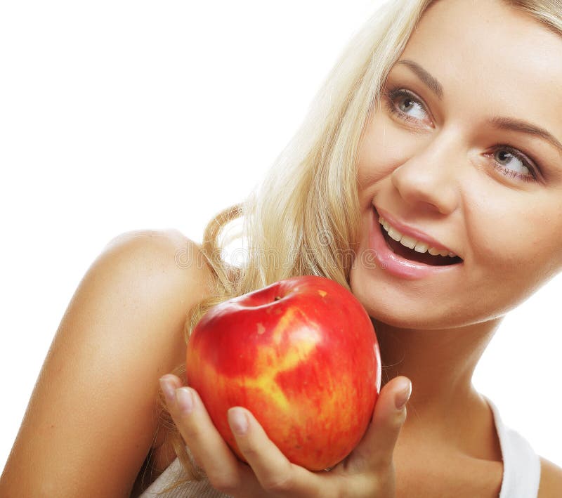 Smiling Woman with Red Apple Stock Image - Image of food, beautiful ...