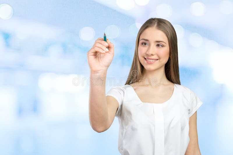 Smiling Woman Showing Copy Space Stock Photo - Image of casual, success ...