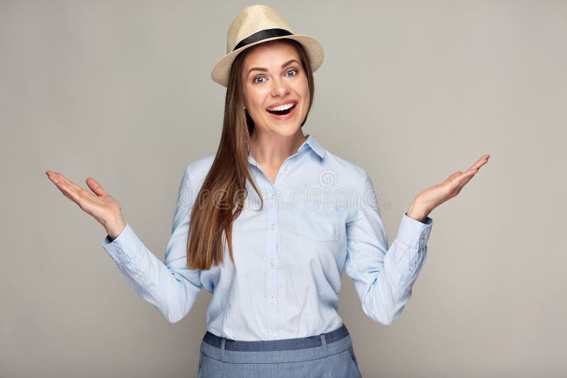 Smiling Woman Showing Empty Hand. Stock Image - Image of beautiful ...